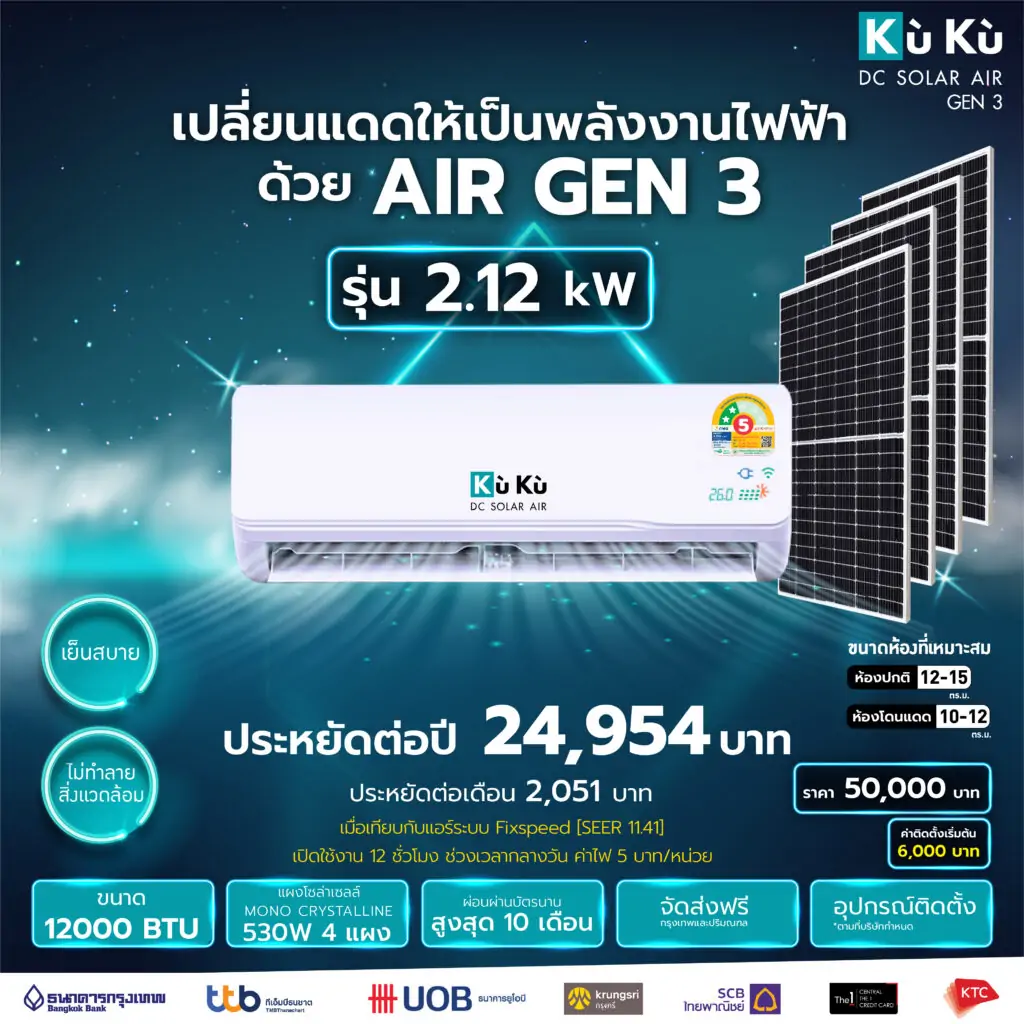 KUKU DC SOLAR AIR GEN 3 แอร์ KUKU ขนาด 2.12 KW. 12000 BTU - ขายอุปกรณ์ติดตั้งโซล่าเซลล์ แผงโซล่า ...